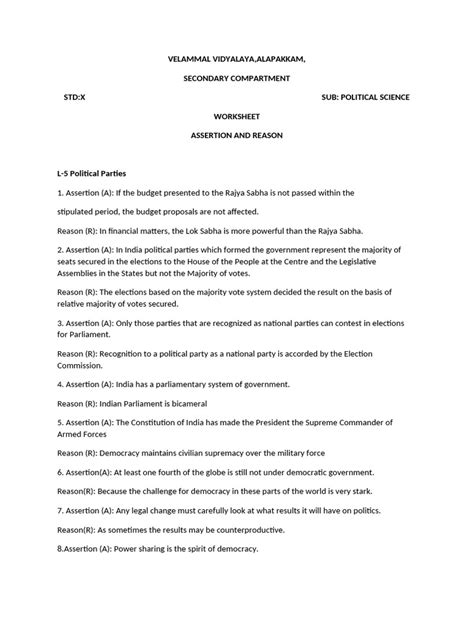 Assertion And Reason Worksheet Pdf Democracy Political Ideologies