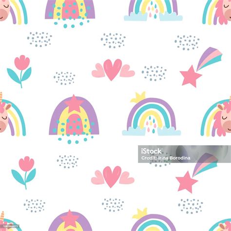 귀여운 밝은 무지개 유니콘 별 벡터 그래픽의 꽃과 매끄러운 패턴 장식 용 커버 어린이 의류 잠옷 티셔츠 포장지 인쇄물 무지개에 대한 스톡 벡터 아트 및 기타 이미지 Istock