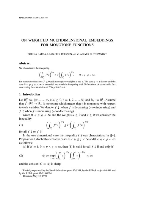 Pdf On Weighted Multidimensional Embeddings For Monotone Functions