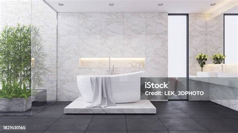 현대 호화스러운 목욕탕 디자인 백색 방 대리석 벽에 백색 욕조 3d 연출 0명에 대한 스톡 사진 및 기타 이미지 0명 3차원 형태 가구 Istock