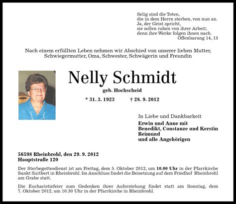 Traueranzeigen Von Nelly Schmidt Rz Trauer De