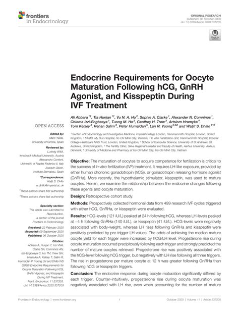 Pdf Endocrine Requirements For Oocyte Maturation Following Hcg Gnrh Agonist And Kisspeptin