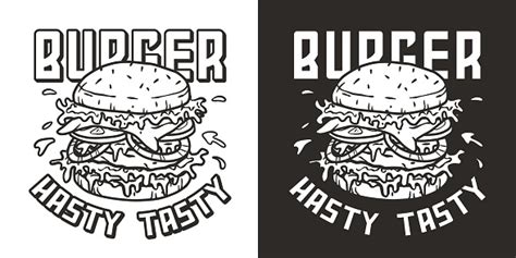 로고 또는 엠블럼을위한 고기 치즈 및 야채를 곁들인 버거 포스터에 대 한 미국 패스트 푸드 또는 햄버거 롤빵 양상추 치즈 토마토 양파 상점용 커틀릿이 있는 미국 음식 건강에