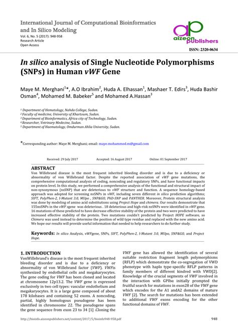 Pdf In Silico Analysis Of Single Nucleotide Polymorphisms Snps In
