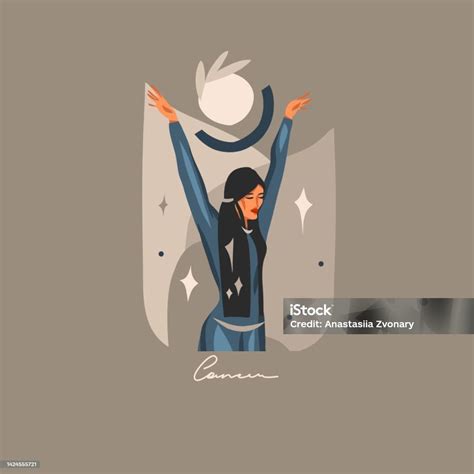 손으로 그린 벡터 추상 그래픽 점성술 일러스트 레이 션 현대 예술적 현대 인쇄 템플릿 보호 조디악 기호 Cancerzodiac 성인 여성 캐릭터 디자인 패션 마술 상징 개념