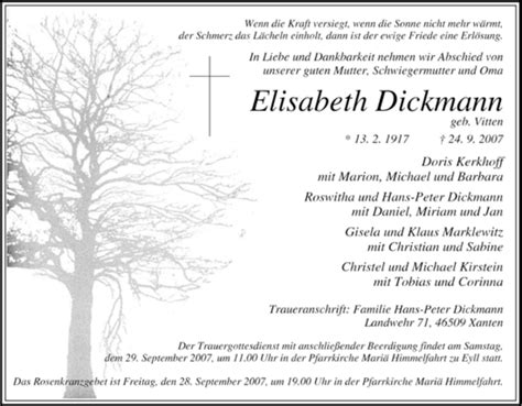Traueranzeigen Von Elisabeth Dickmann Trauer In Nrwde