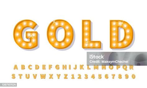 골드 3d 전구 글꼴 복고풍 스타일의 알파벳 라이트 서체 극장 네온사인에 대한 스톡 벡터 아트 및 기타 이미지 극장 네온사인 문자 3차원 형태 Istock