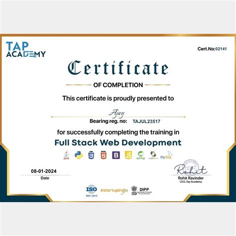 My Java Full Stack Web Development Course Certificate Ajay Avala