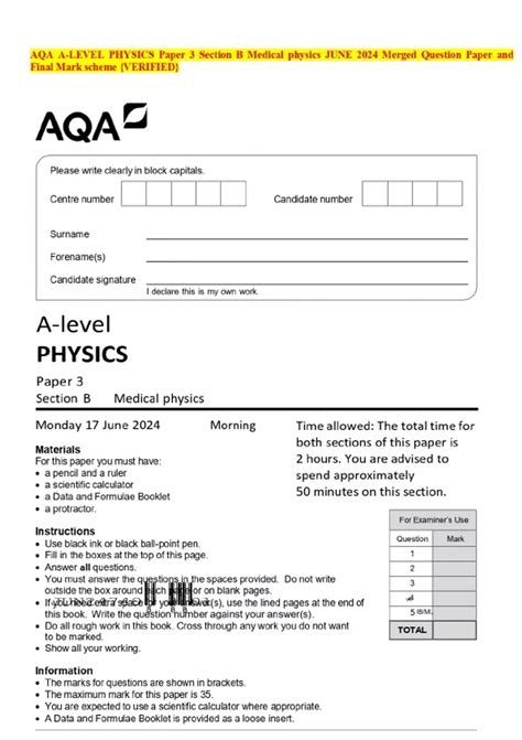 AQA A LEVEL PHYSICS Paper Section B Medical Physics JUNE Merged Question Paper And Final