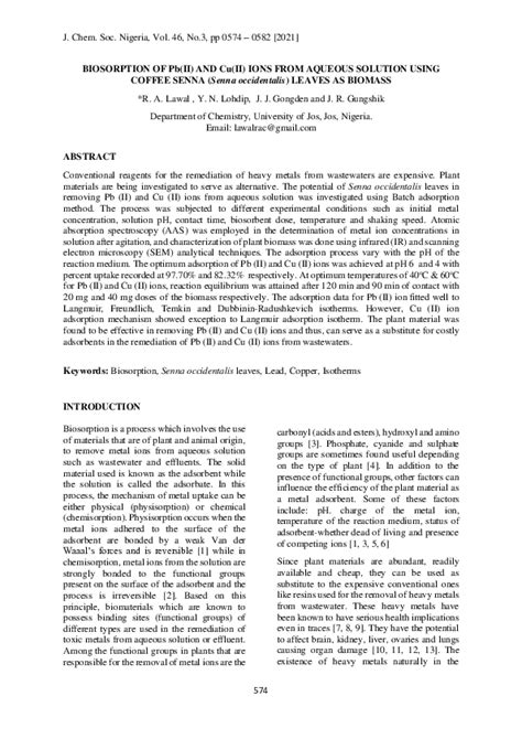 Pdf Biosorption Of Pb Ii And Cu Ii Ions From Aqueous Solution Using Coffee Senna Senna