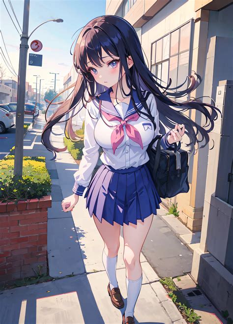 Anime Girl Walking Down The Street With A Backpack And A Purse Seaart Ai
