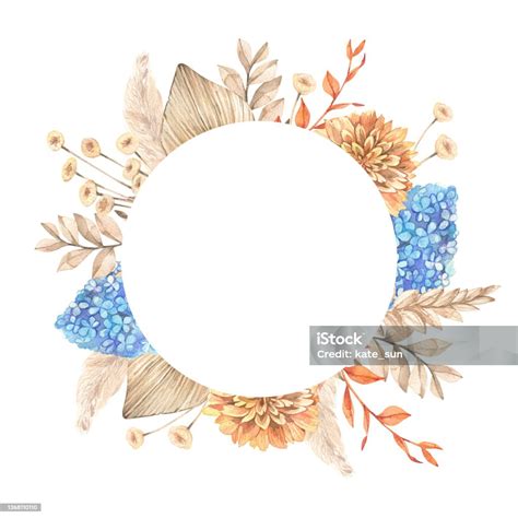 말린 잎 꽃 팜파가 있는 수채화 꽃 프레임 건조 열대 원 카드 베이지 아이보리 오렌지 현대 색상 결혼식 초대장 포장 엽서 인사말 카드에 적합합니다 0명에 대한 스톡 벡터