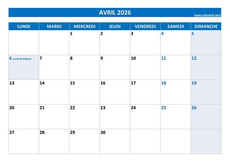 Calendrier Avril 2026 à Consulter Ou Imprimer Calendrier Best