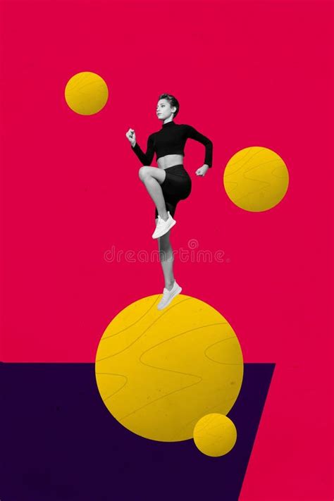 Composite Trend Artwork Sketch Photo Collage Of Young Active Lady Sport Exercise Stand Raise Leg