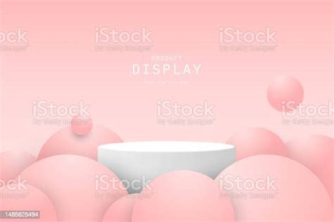 스튜디오 룸의 핑크 미니멀 씬 현실적인 3d 흰색 회색 실린더 연단 받침대는 구체 공이 연단을 둘러싸고 있습니다 제품 디스플레이 프리젠 테이션 쇼케이스를 위한 무대 3차원