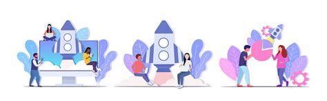 세트 사업가 브레인 스토밍 성공적인 팀 발사 공간 로켓 시작 개념 믹스 경주 직원 디지털 장치 수평 전체 길이를 사용하여 Launch Party에 대한 스톡 벡터 아트 및