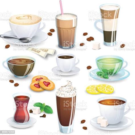 비 알콜 음료차 허브 차 핫 초콜릿 라 떼 메이 트 커피 그리고 뜨거운 음료에 대 한 작은 추가의 집합입니다 벡터 그림 흰색