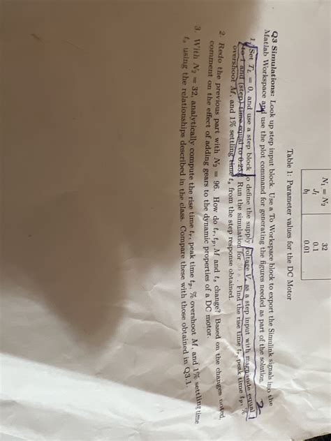 Solved Table 1 Parameter Values For The Dc Motor Q3