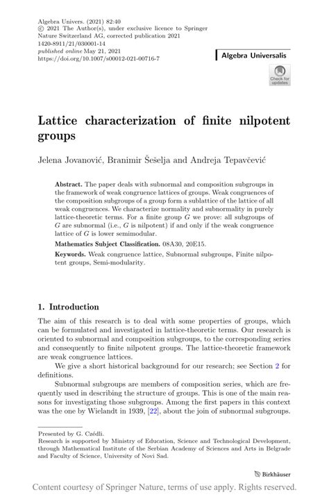 Lattice Characterization Of Finite Nilpotent Groups Request Pdf