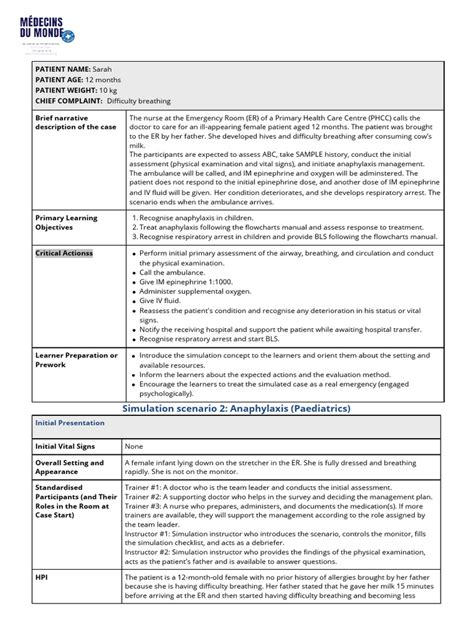 Simulation Scenario 2 Anaphylaxis Paediatrics Pdf Cardiopulmonary Resuscitation