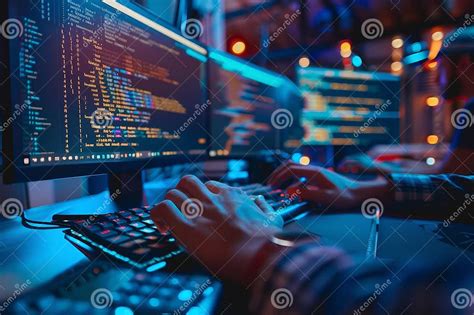 Programmer Is Hands On Keyboard Writing Source Code On Screen Monitor Showing Writing Code