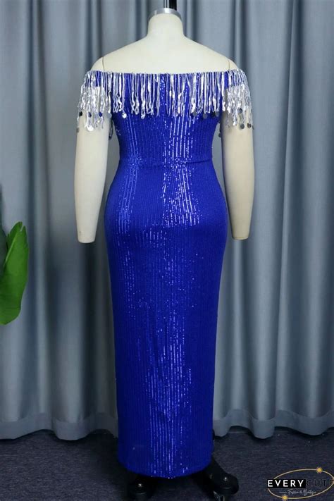 Wholesale Blue Sexy Formal Patchwork Sequins Backless Off The Shoulder