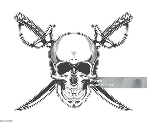 빈티지 흑백 두개골과 교차 세이버 일러스트 격리된 벡터 템플릿 개념 기호에 대한 스톡 벡터 아트 및 기타 이미지 개념 기호 결투 공포 무서움 Istock