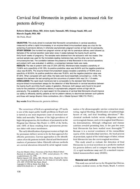 Pdf Cervical Fetal Fibronectin In Patients At Increased Risk For Preterm Delivery