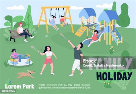 공원 배너 플랫 벡터 템플릿에서 가족 휴가 브로셔 만화 캐릭터가 있는 포스터 컨셉 디자인 야외 레크리에이션 어린이 놀이터 수평 전단지 텍스트 장소와 전단지 공원에 대한 스톡