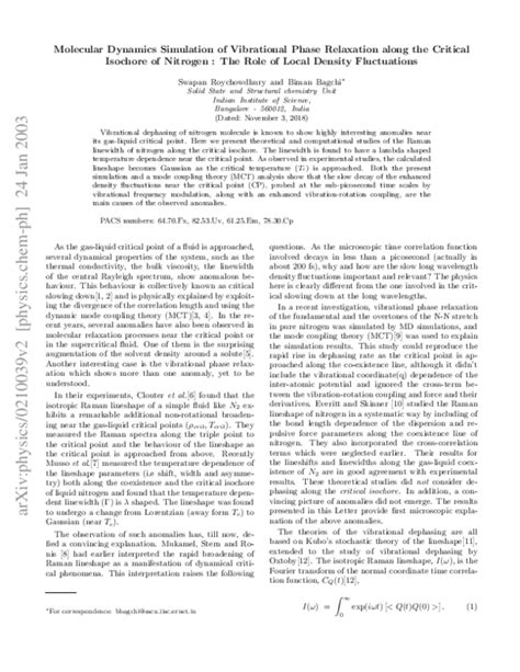 Pdf Molecular Dynamics Simulation Of Vibrational Phase Relaxation Along The Critical Isochore