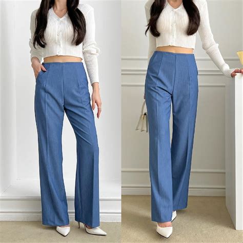 살롱드쥬 여름 여성정장바지 하이웨스트 옆지퍼 부츠컷 일자 세미와이드팬츠 스판 데님슬랙스