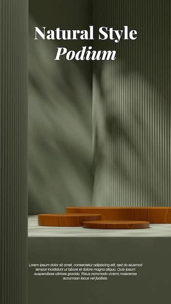 녹색 기둥과 벽이 있는 세로로 갈색 나무 질감 연단의 3d 렌더링 템플릿 모형 프리미엄 Psd 파일