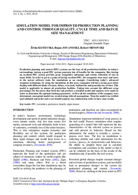 Pdf Simulation Model For Improved Production Planning And Control Through Quality Cycle Time