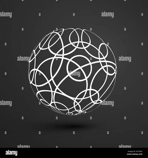 Abstract Patterned Sphere Of Tangled Curvy Circular White Lines On A Black Background The