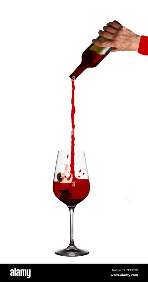 Young Woman Diving Into Glass With Red Wine Human Hand Pouring Wine