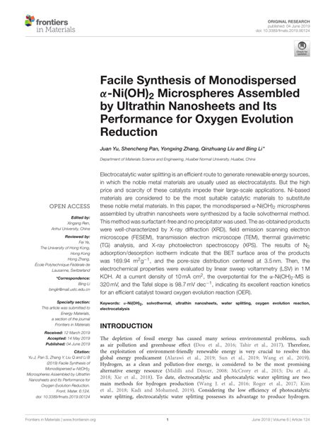 Pdf Facile Synthesis Of Monodispersed α Ni Oh 2 Microspheres Assembled By Ultrathin Nanosheets