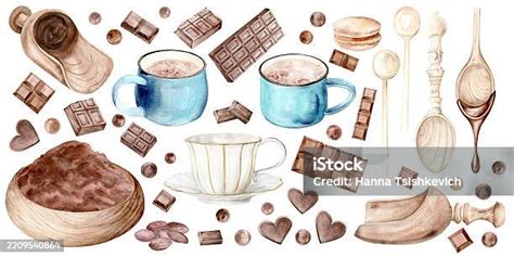 큰 세트 코코아 머그잔과 초콜릿과 사탕 나무 숟가락 사복 및 접시 수채화 일러스트 파스텔 색상의 손으로 그린 나무 음식 그릇 국자에 대한 스톡 벡터 아트 및 기타 이미지