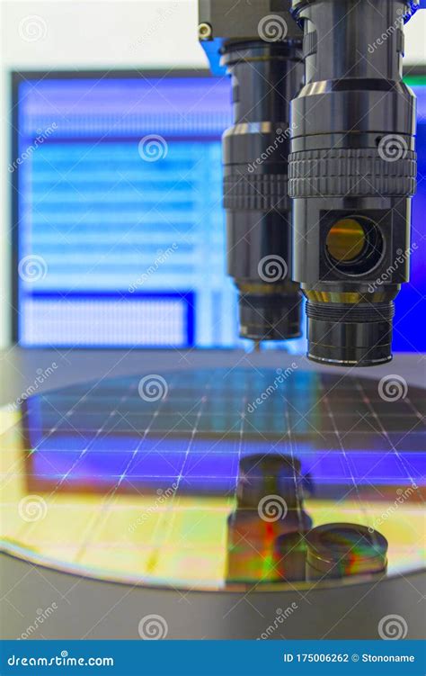 Silicon Wafer With Semiconductor Microchip On Machine Process Examining Testing In Microscope