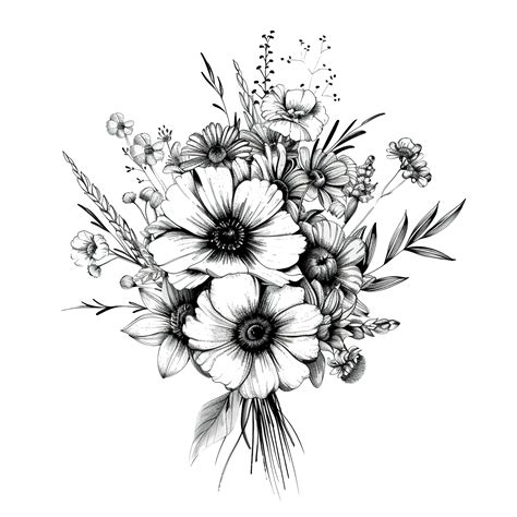 Bouquet With Flower Draw In Black And White Flower Plant Bouquet Png