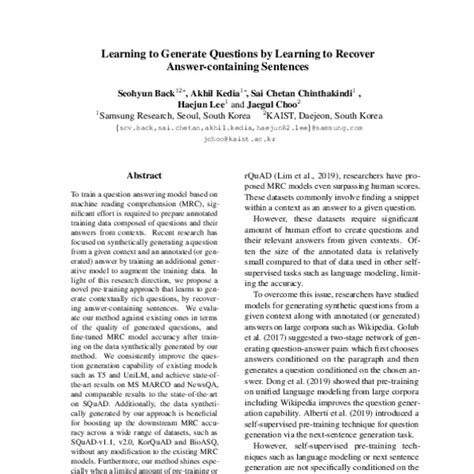 Learning To Generate Questions By Learning To Recover Answer Containing Sentences Acl Anthology