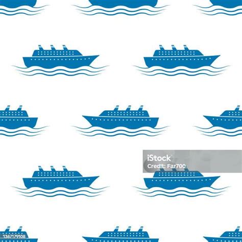 흰색 배경에 고립 된 블루 크루즈 라이너 흑백 해양 원활한 패턴 측면 보기입니다 벡터 간단한 평면 그래픽 그림 텍스처 관광에