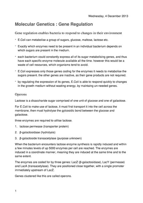 Lecture Notes Gene Regulation Wednesday December Molecular