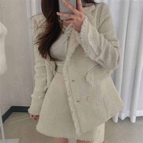 투피스set 부클 울 누빔 프린지 수술 스커트 트위드세트 하프 카라 브이넥 트위드 자켓 투피스