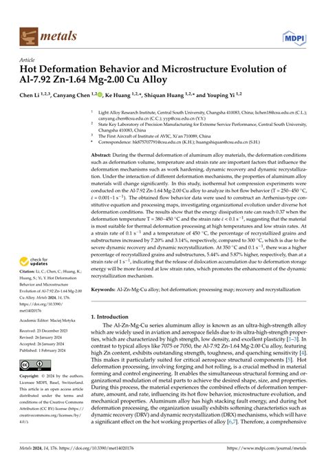 Pdf Hot Deformation Behavior And Microstructure Evolution Of Al 7 92 Zn 1 64 Mg 2 00 Cu Alloy