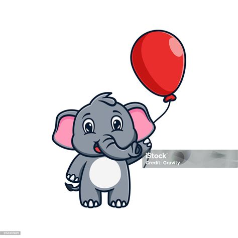 빨간 풍선을 들고 귀엽고 귀여운 코끼리의 만화 일러스트 디자인 에 대한 스톡 벡터 아트 및 기타 이미지 Istock