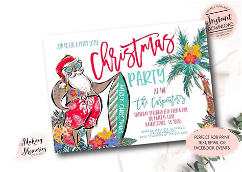 Tropical Christmas Invitation Hawaiian Santa Christmas Invite