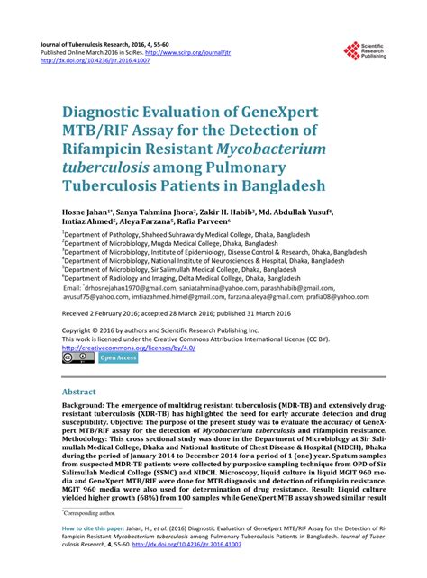Pdf Diagnostic Evaluation Of Genexpert Mtbrif Assay For The Detection Of Rifampicin Resistant