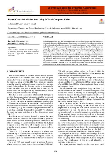 Pdf Shared Control Of A Robot Arm Using Bci And Computer Vision