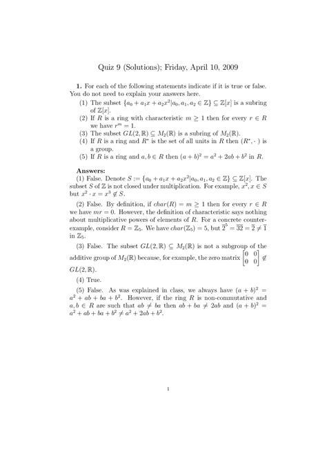 Quiz 9 Solutions Introduction To Abstract Algebra Math 417 Docsity
