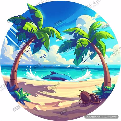 Ai创作图海岛卡通形象 海边度假海岛椰子树 插画海滩 艺术沙滩椰树 海岛插画 海滩小场景 海滩椰树风景 神秘岛卡通 沙滩卡通插画 手绘热带海滩晒太阳 欢乐夏天海洋海岛 热带海边风景 夏日海边